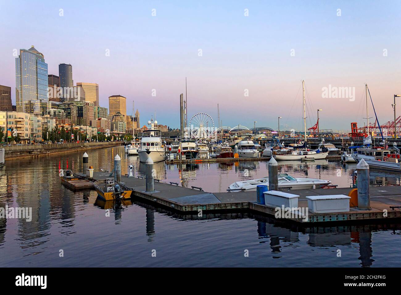 Seattle skyline and waterfront at dusk in summer Stock Photo - Alamy