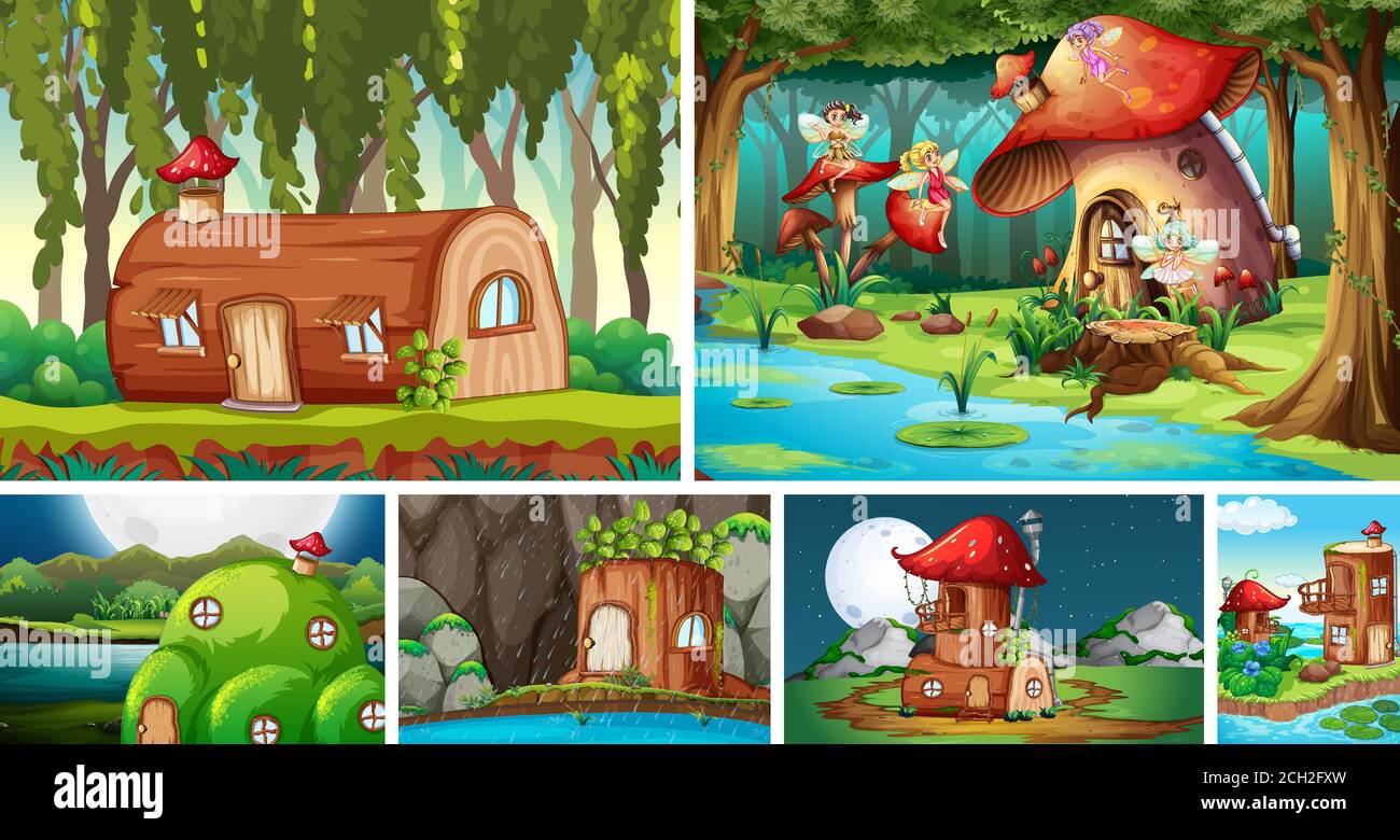 Six different scene of fantasy world with beautiful fairies in the ...