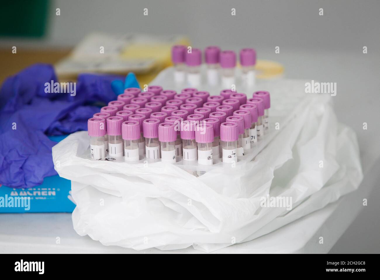 A Coruna-Spain -August 18, 2020: A health worker uses a PCR test (mouth ...