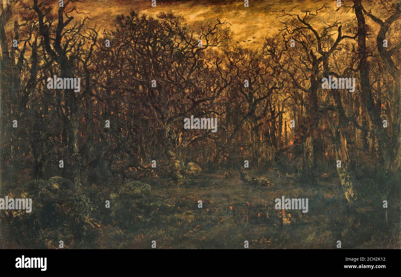 Rousseau Theodore - the Forest in Winter at Sunset - French School ...