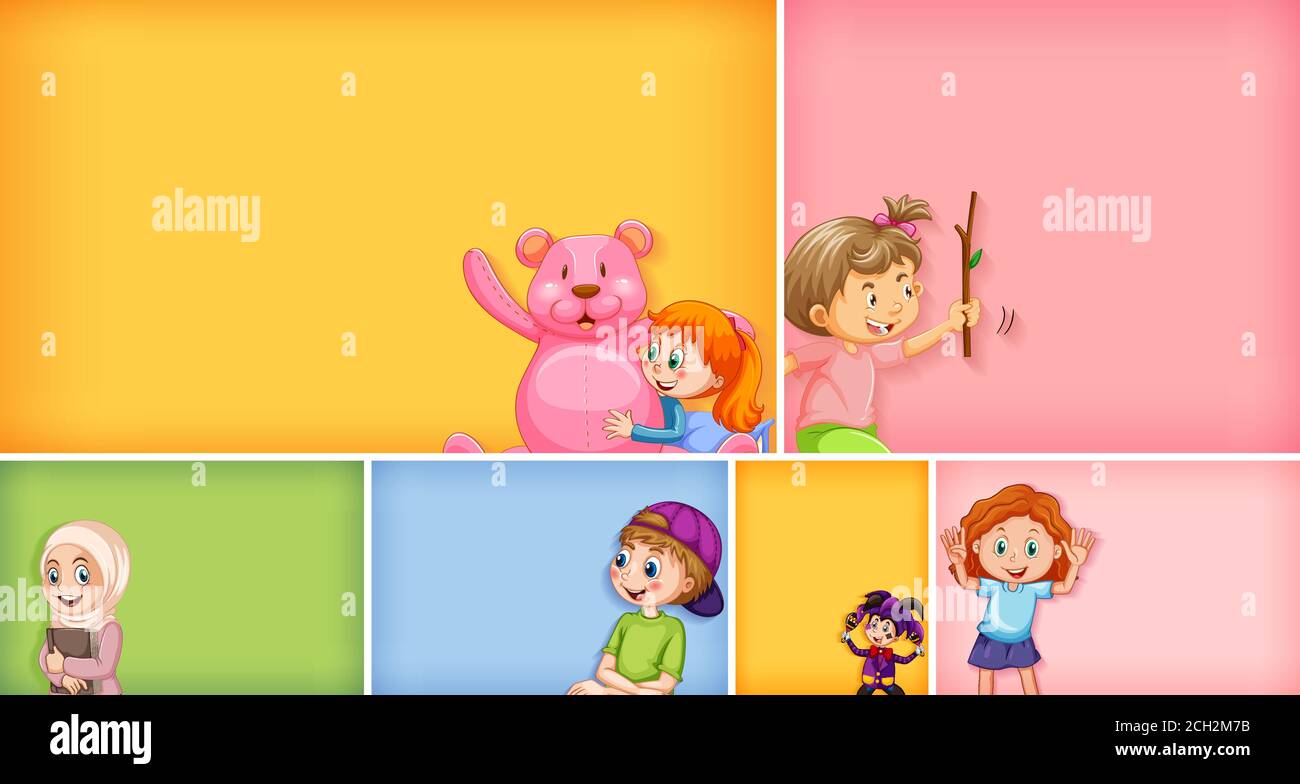 Set of different kid characters on different color background ...