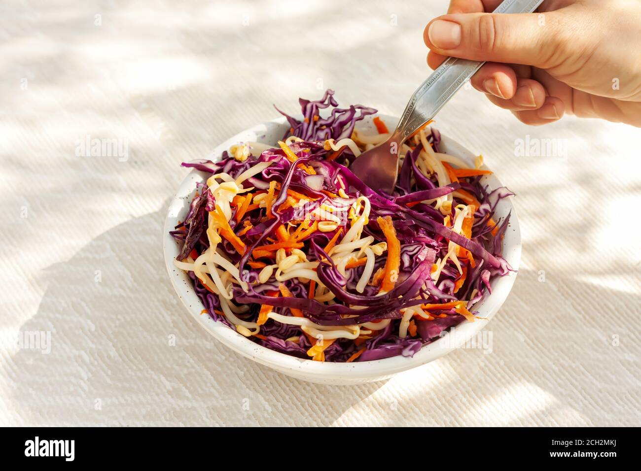 A hand with a fork taking vitamin red cabbage salad with carrot and ...