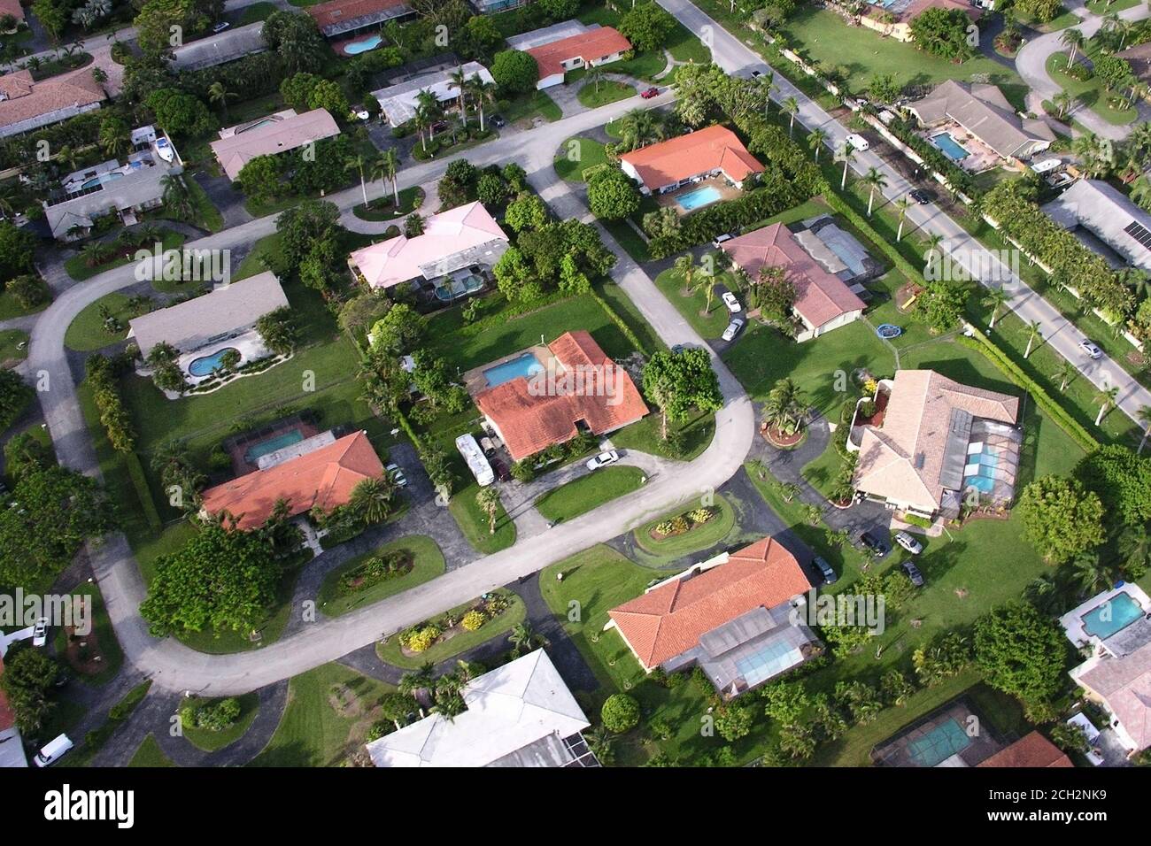 Archival 2005 aerial view of suburban residential rooftops in Miami ...