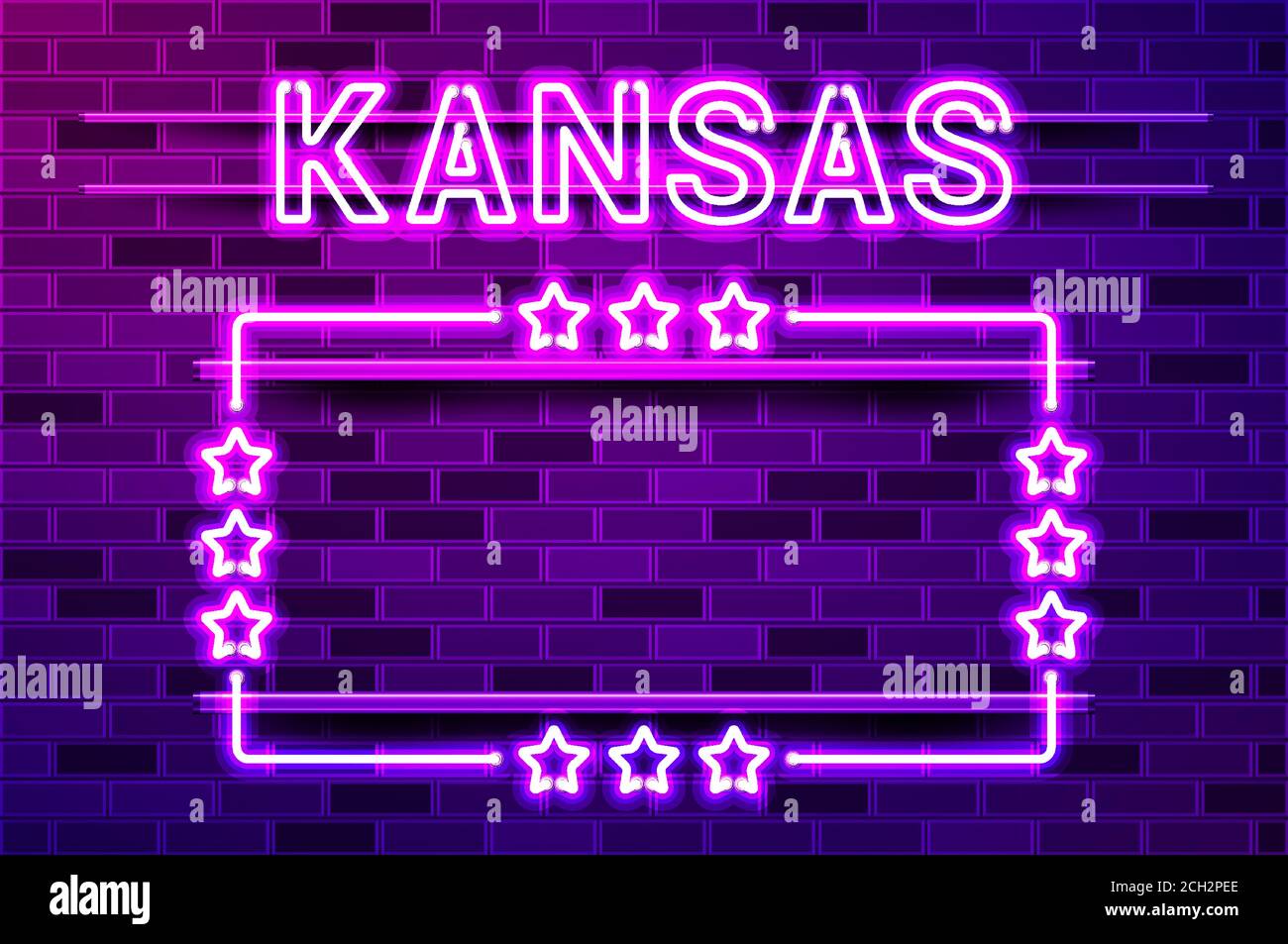 Kansas US State glowing purple neon lettering and a rectangular frame ...