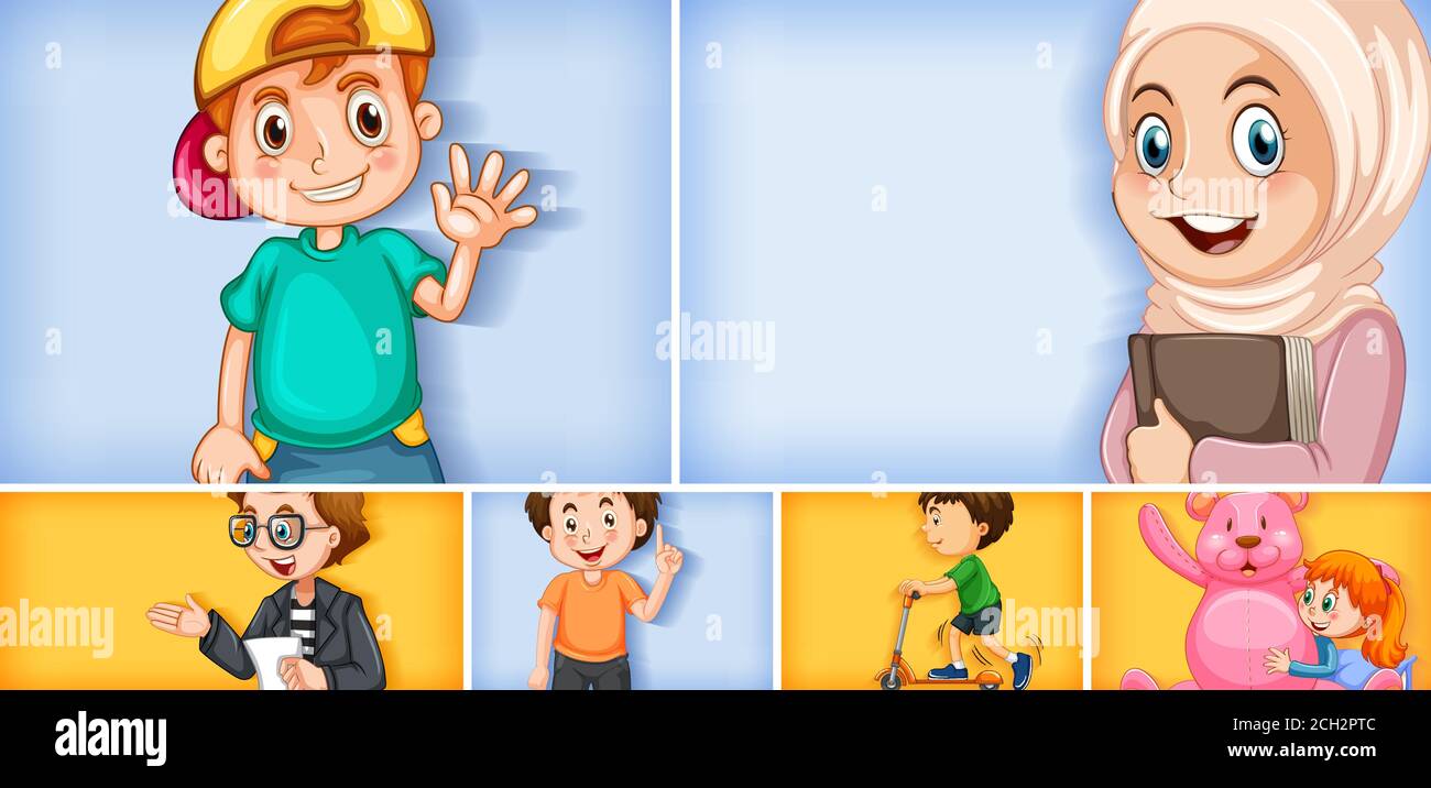 Set of different kid characters on different color background ...