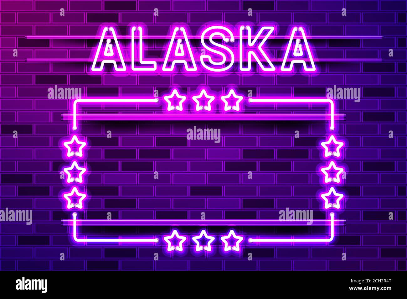 Alaska US State glowing purple neon lettering and a rectangular frame ...