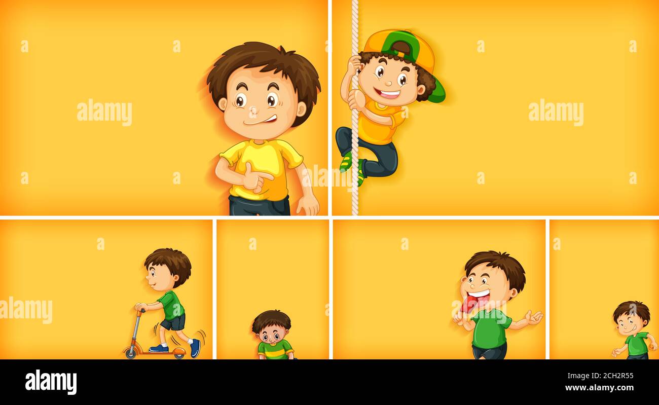 Set of different kid characters on yellow color background illustration ...