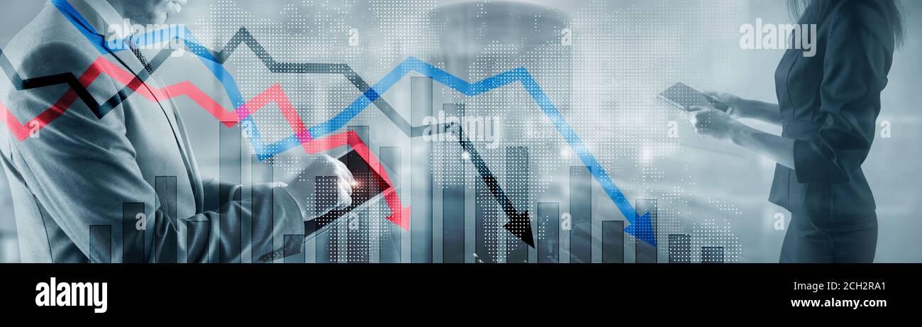 Market falling concept. Black blue and red down arrows bar chart stock ...