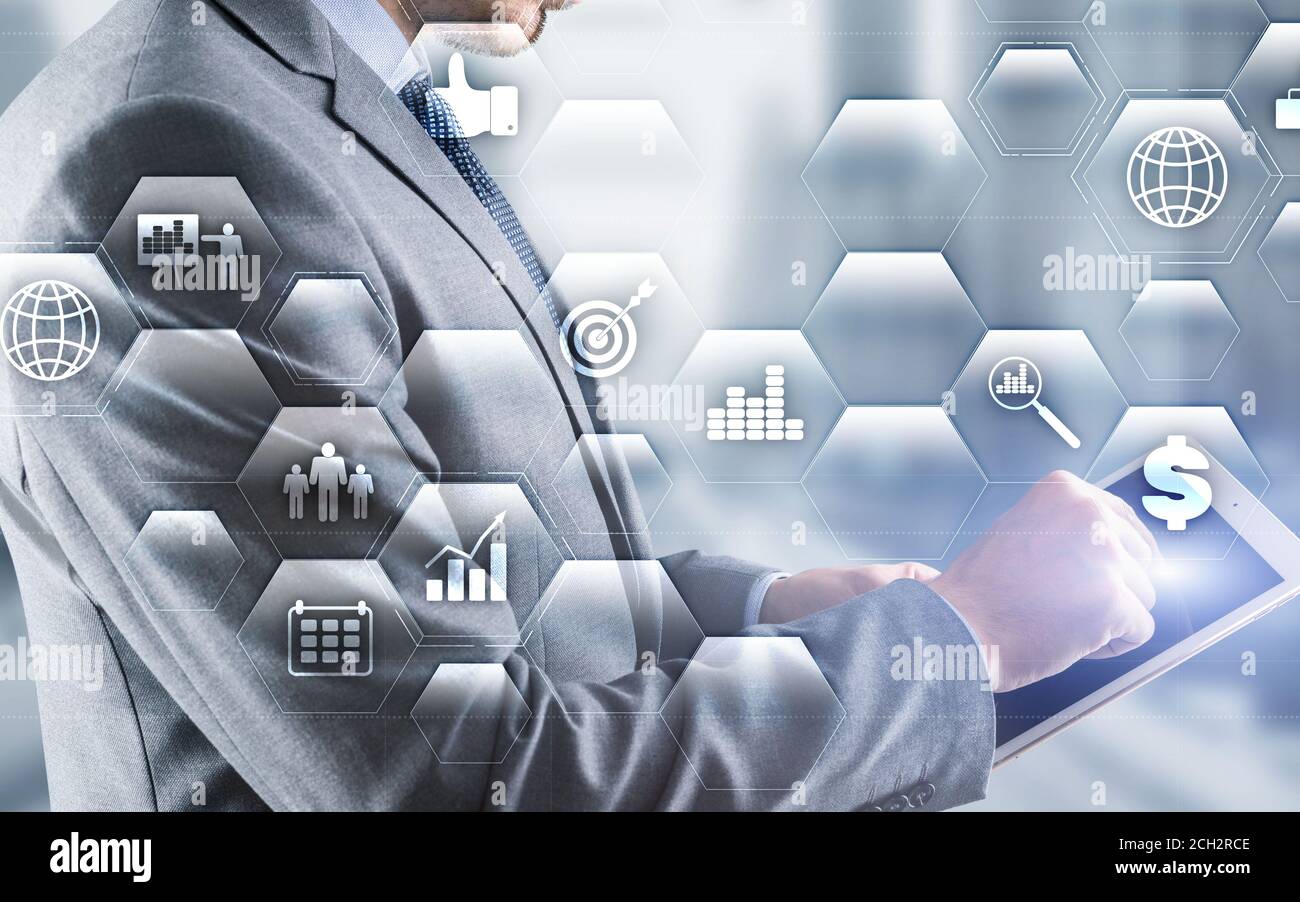 Data Management System and Business Analytics concept on double ...