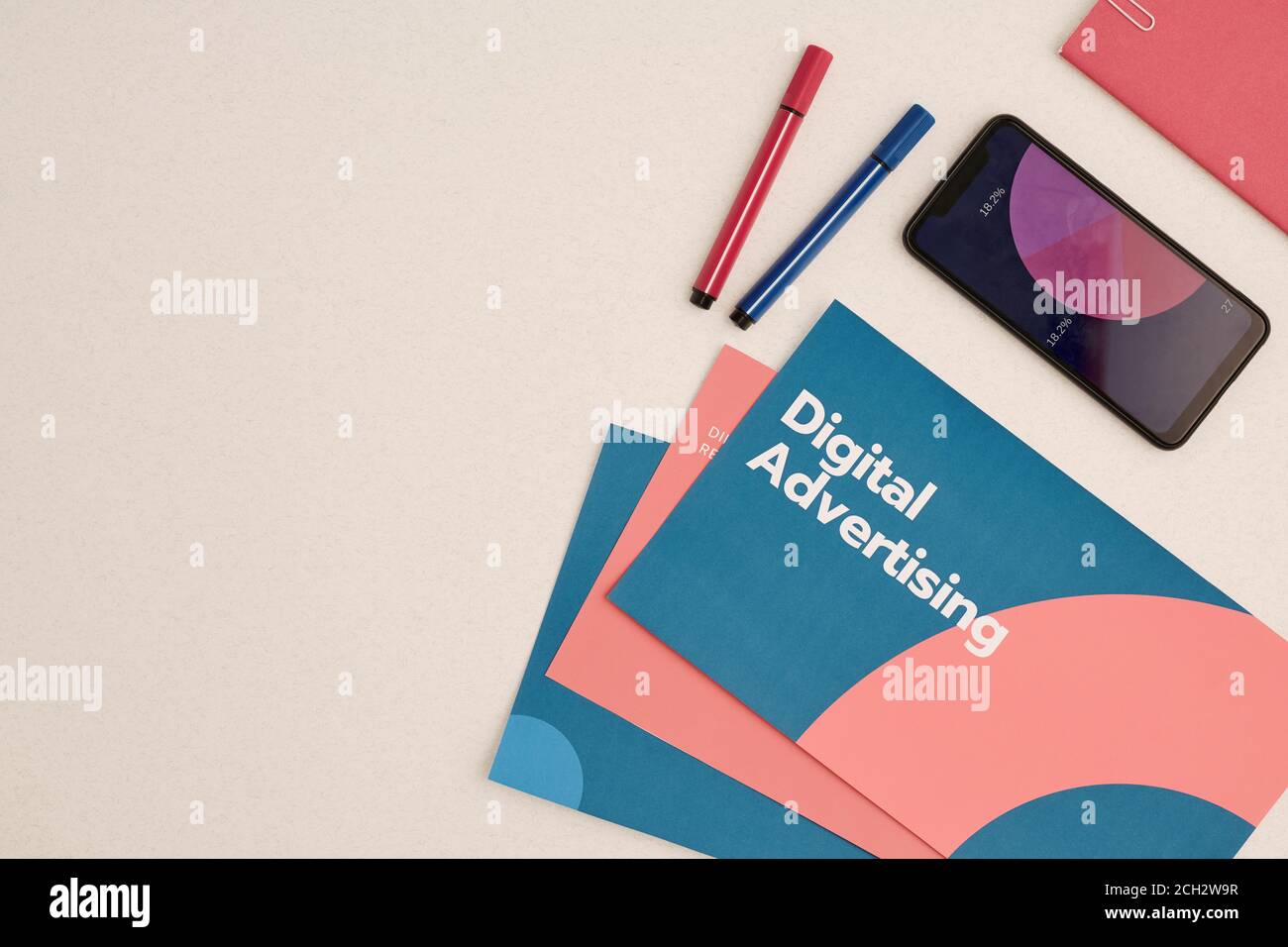 Flat layout of digital advertising brochures and phone with financial ...