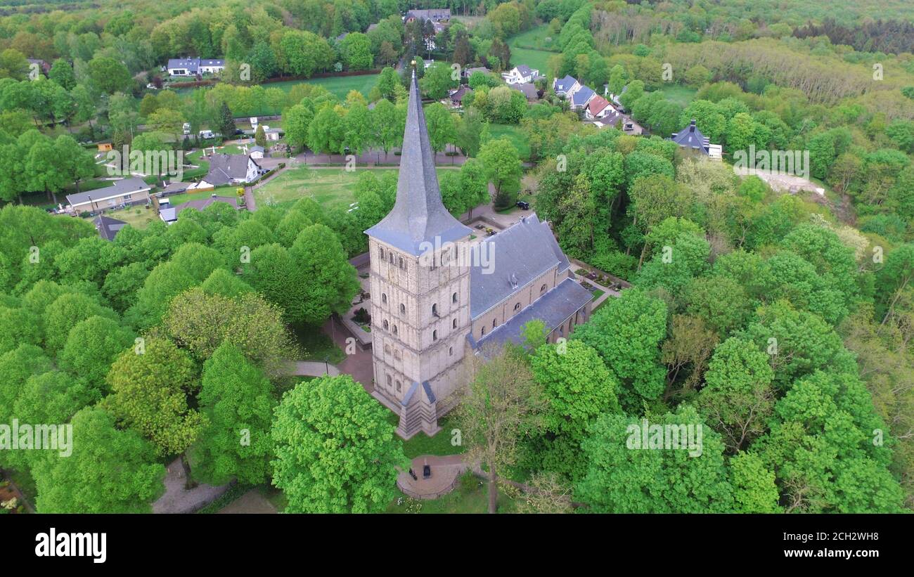 Aerial shot of the St. Vitus church in Elten. Elten is a German village ...
