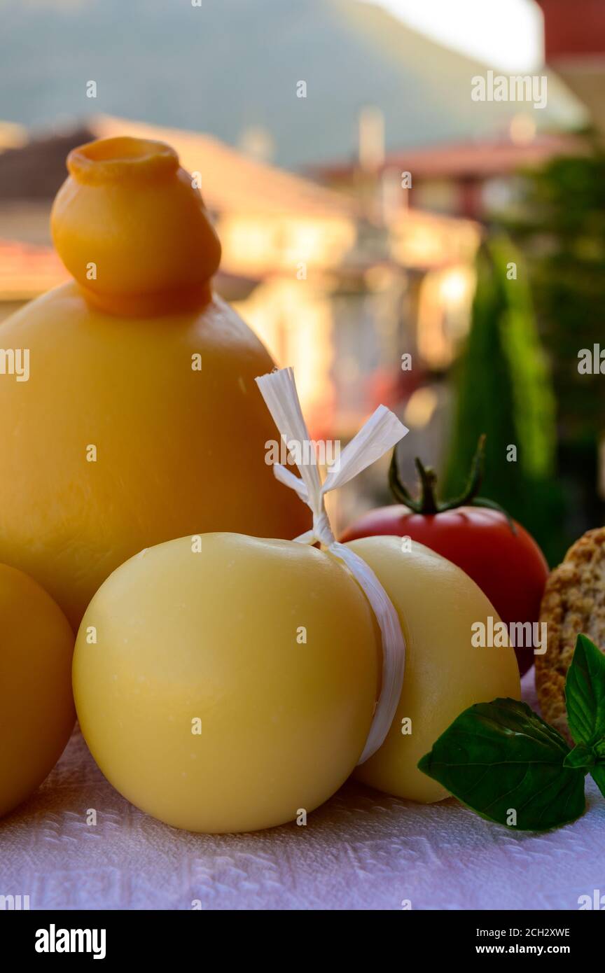 Cheese collection, Italian cheeses provolone, caciocavallo, scamorza ...