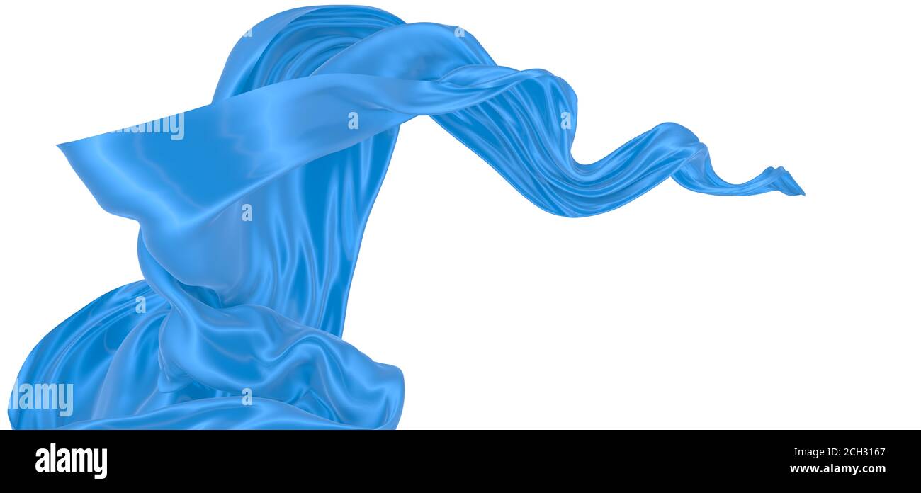 Beautiful flowing fabric flying in the wind. Blue wavy silk or satin ...