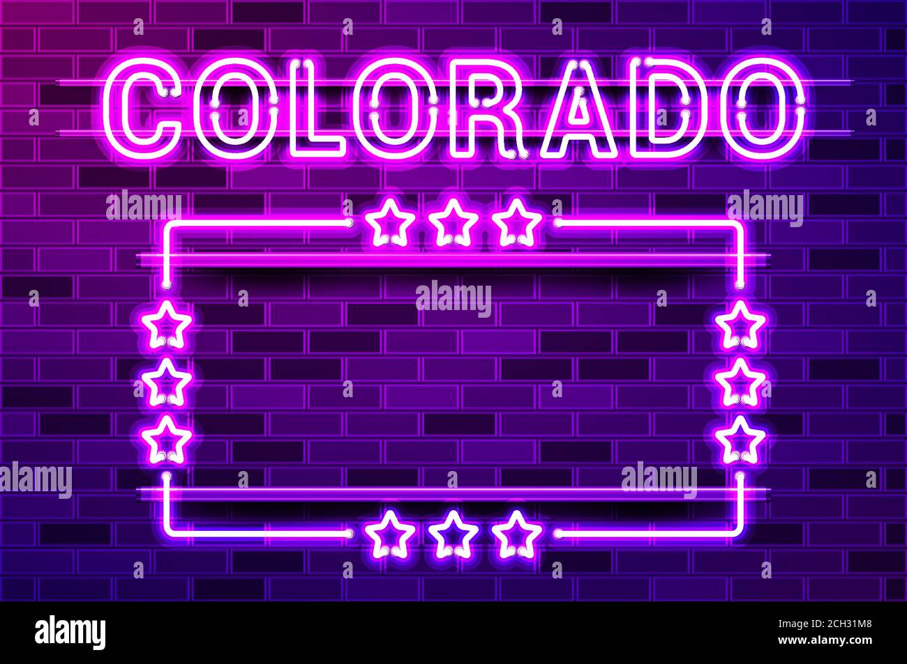 Colorado US State glowing purple neon lettering and a rectangular frame ...