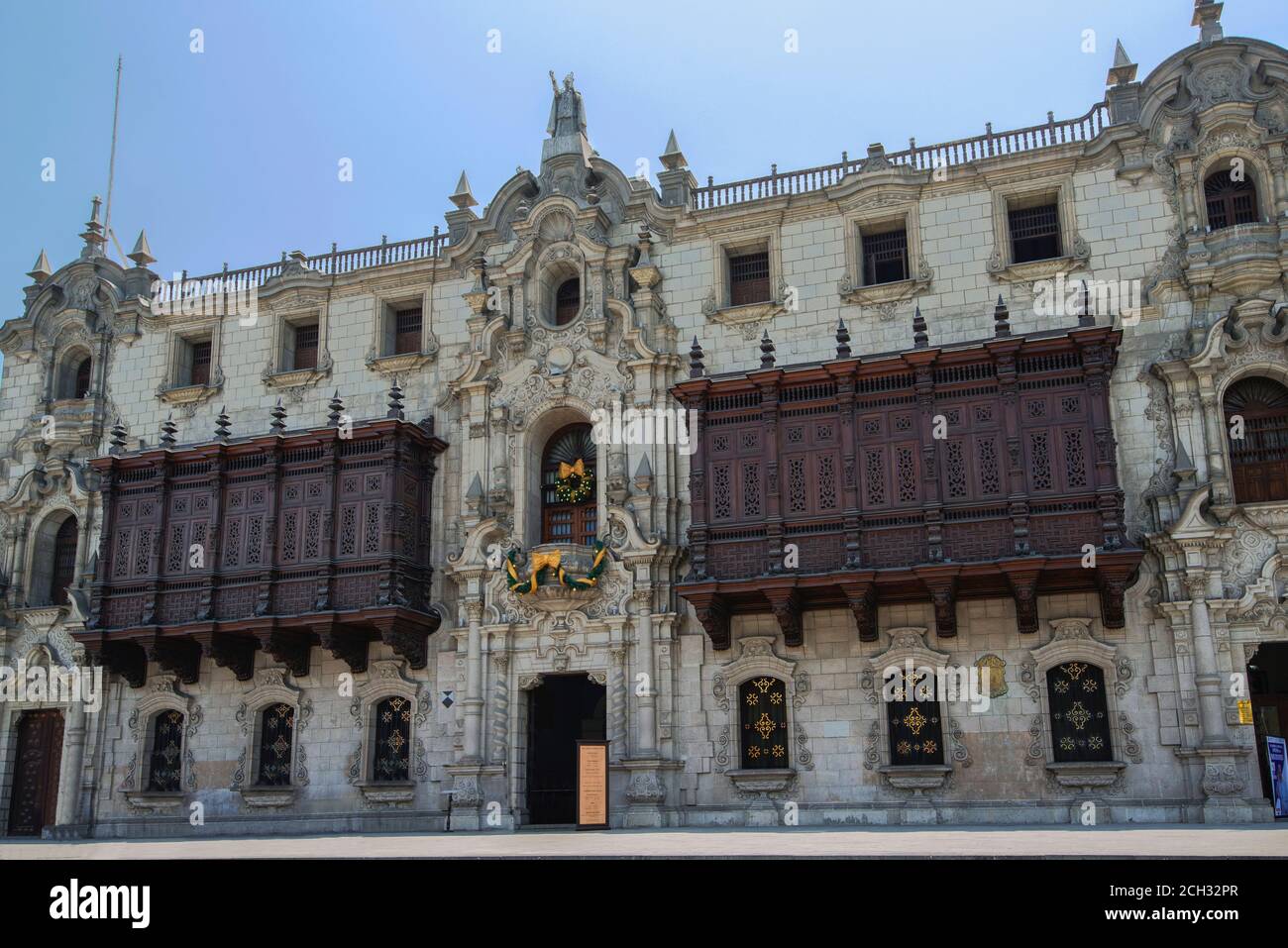 Archbishop's Palace of Lima with its elegant balconies, Plaza Mayor or ...