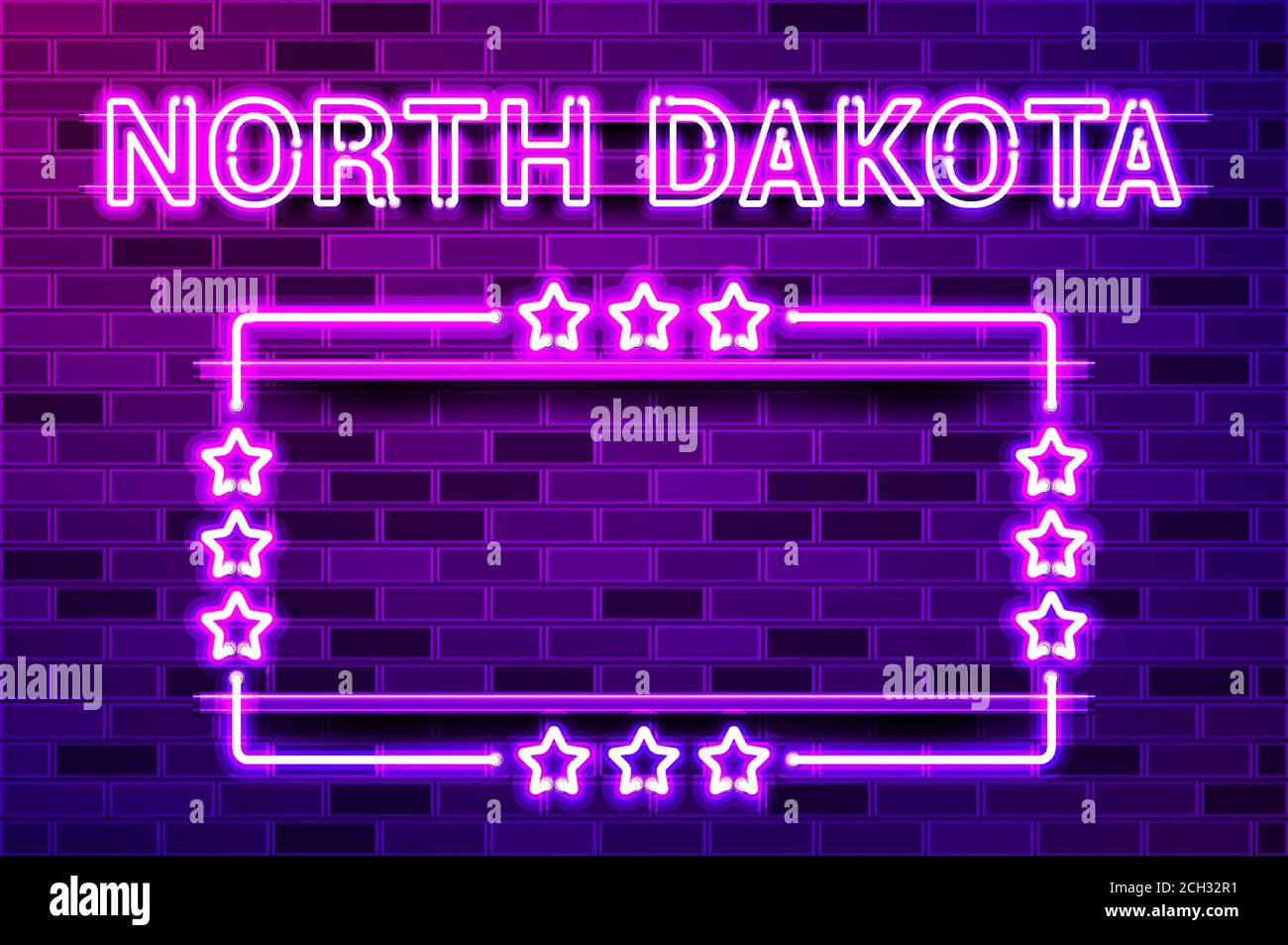 North Dakota US State glowing purple neon lettering and a rectangular ...
