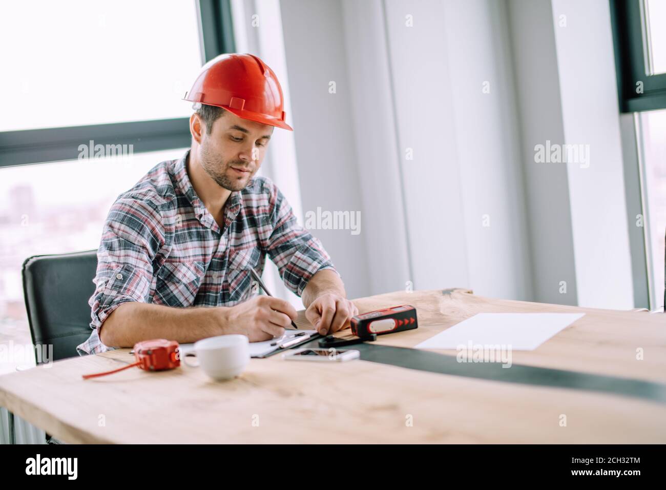 working process of a creative engineer. close up side view photo Stock ...