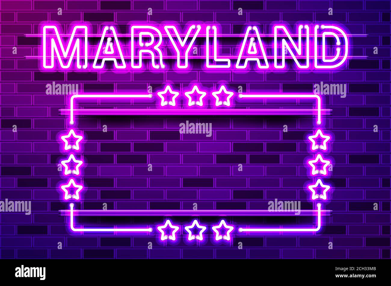 Maryland US State glowing purple neon lettering and a rectangular frame ...