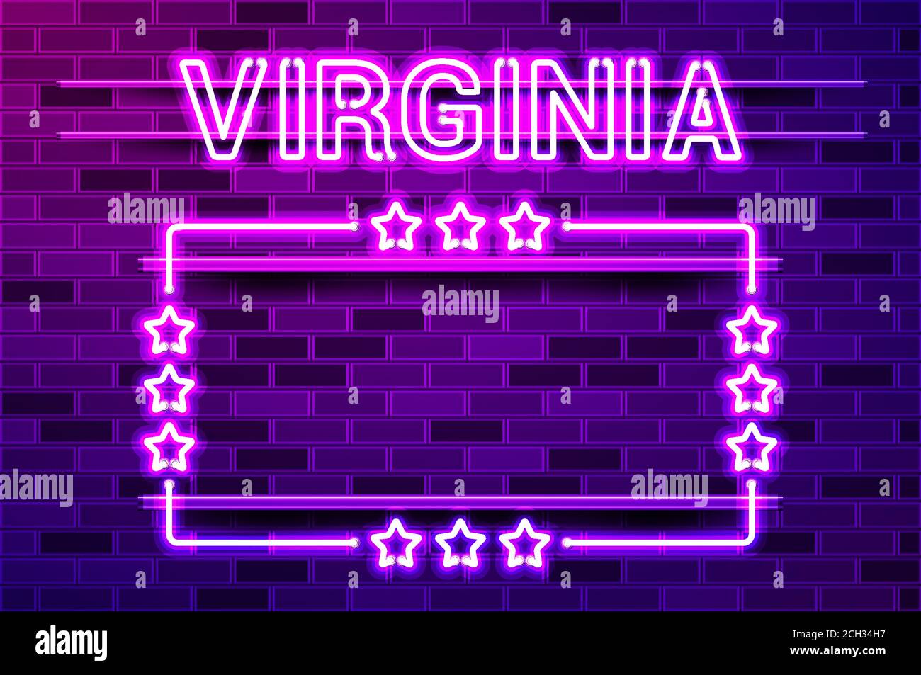 Virginia US State glowing purple neon lettering and a rectangular frame ...