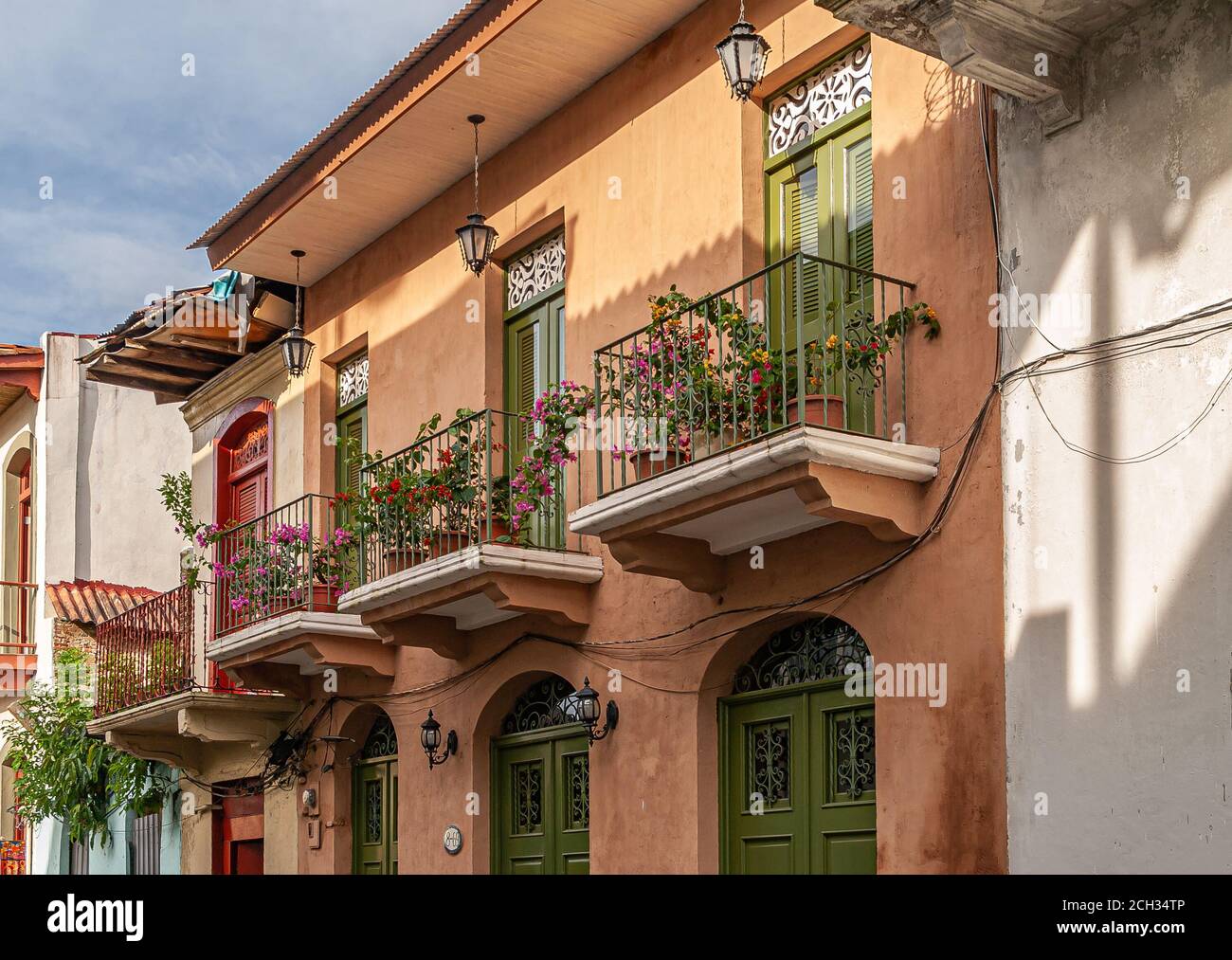 Panama City, Panama - November 30, 2008: Flowerly balconies on brown ...