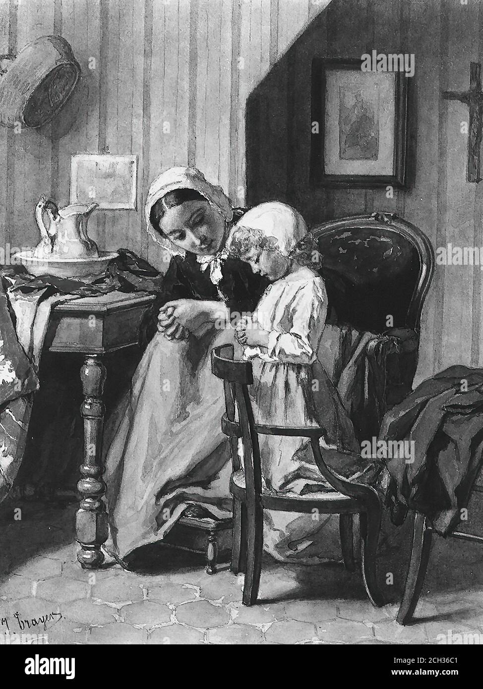 Trayer Jules - Mother Teaching Daughter Prayers - French School - 19th ...
