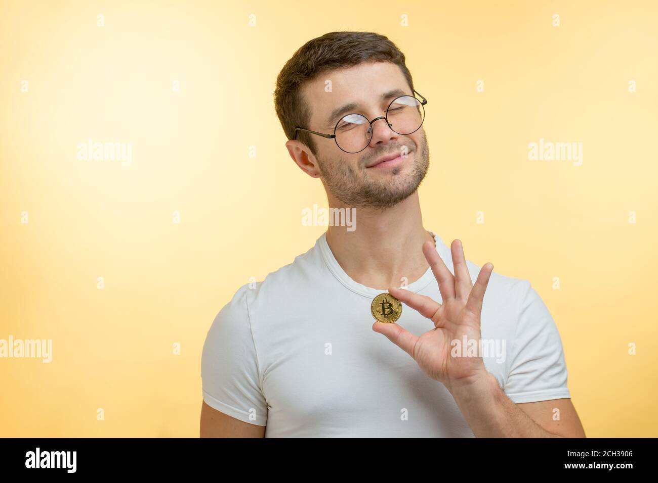 man with closed eyes likes money. profit concept. smiling man has some ...