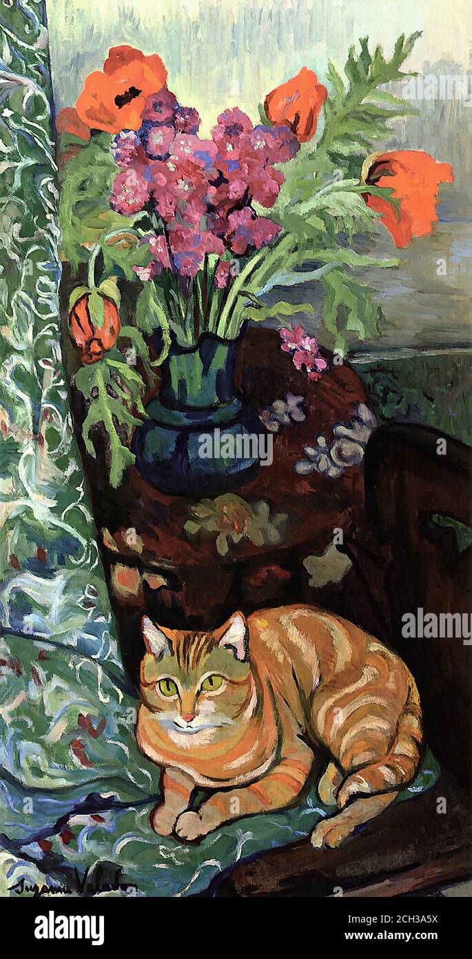 Valadon Suzanne - Cat Lying in Front of a Bouquet of Flowers - French ...