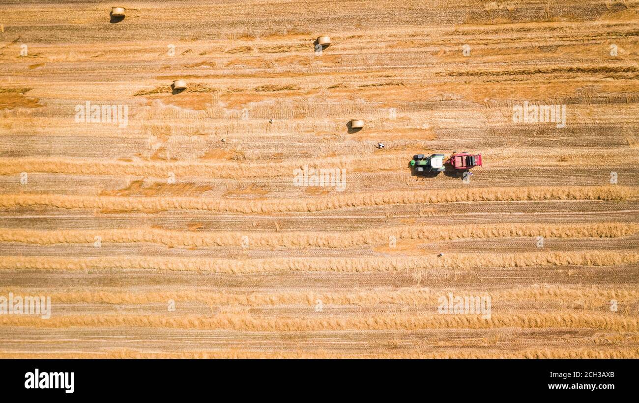 Top view of field with hay sheaves and tractor, Poland Stock Photo - Alamy