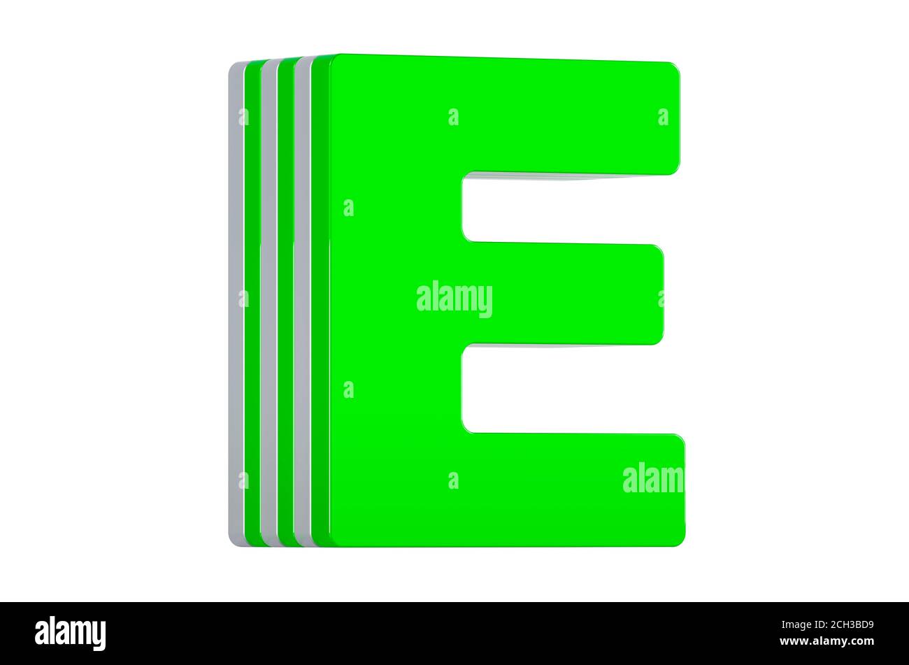 Green Letter E, layered font. 3D rendering isolated on white background ...