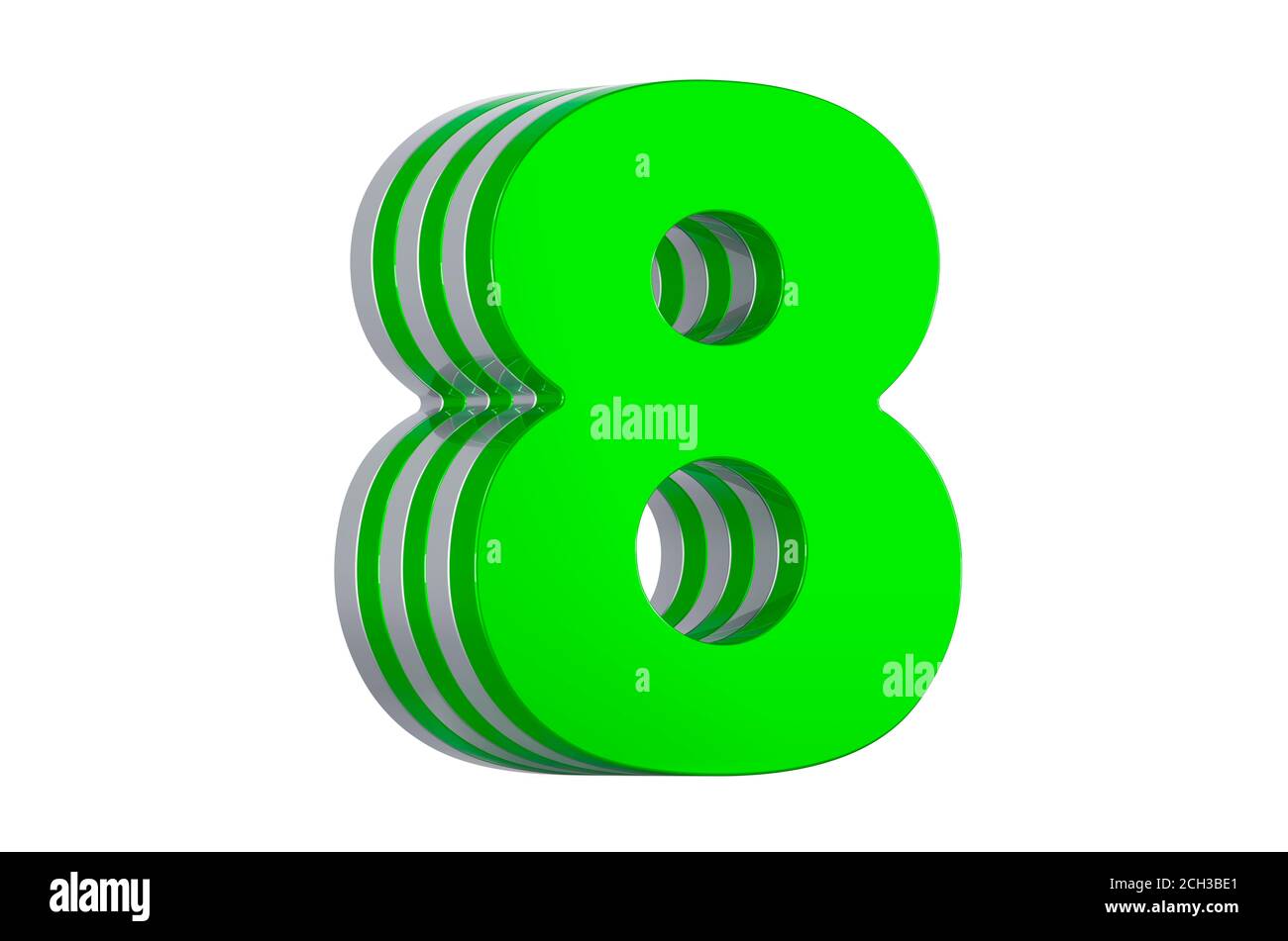 Green Number 8, layered font. 3D rendering isolated on white background ...