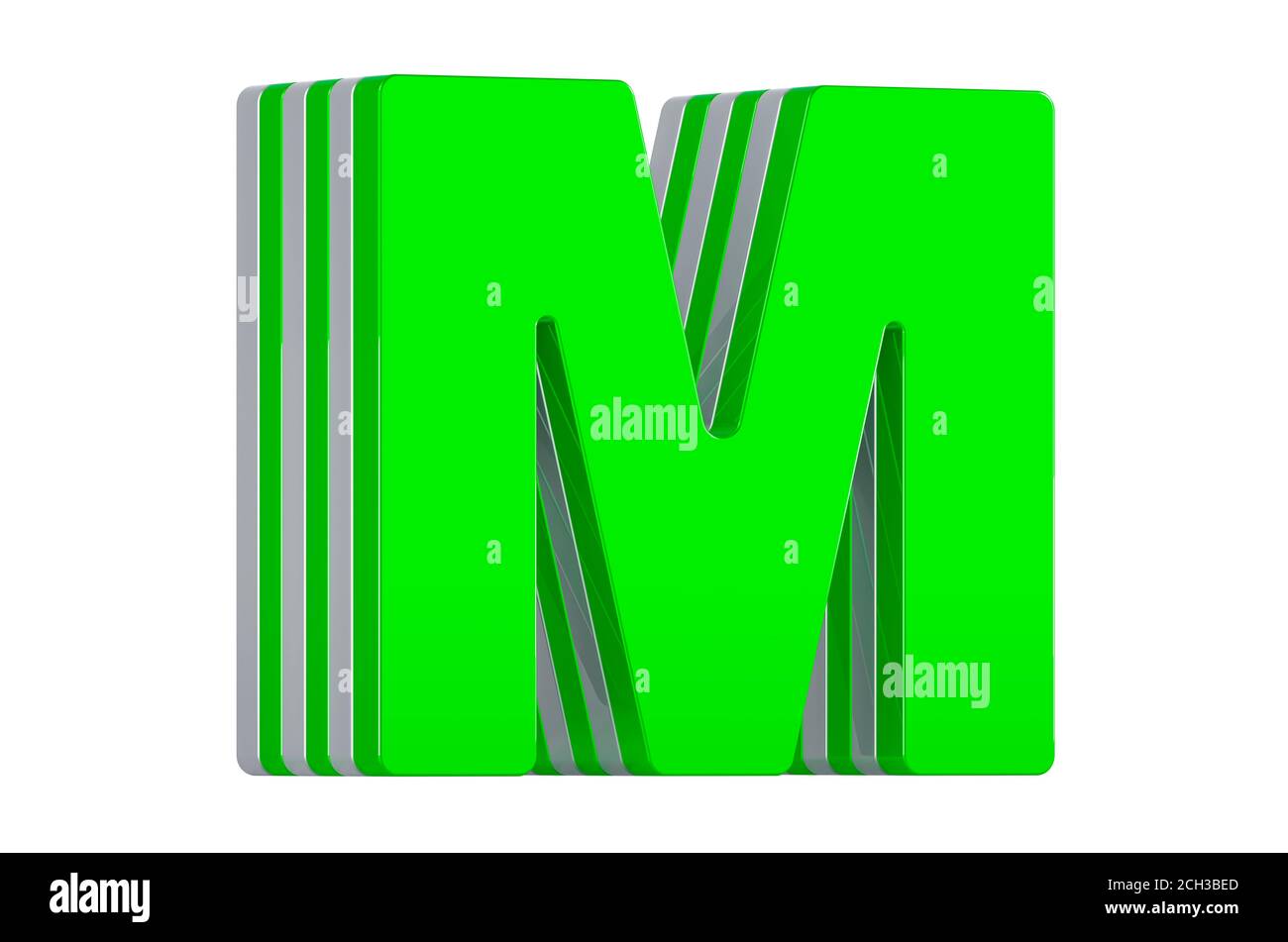 Green Letter M, layered font. 3D rendering isolated on white background ...