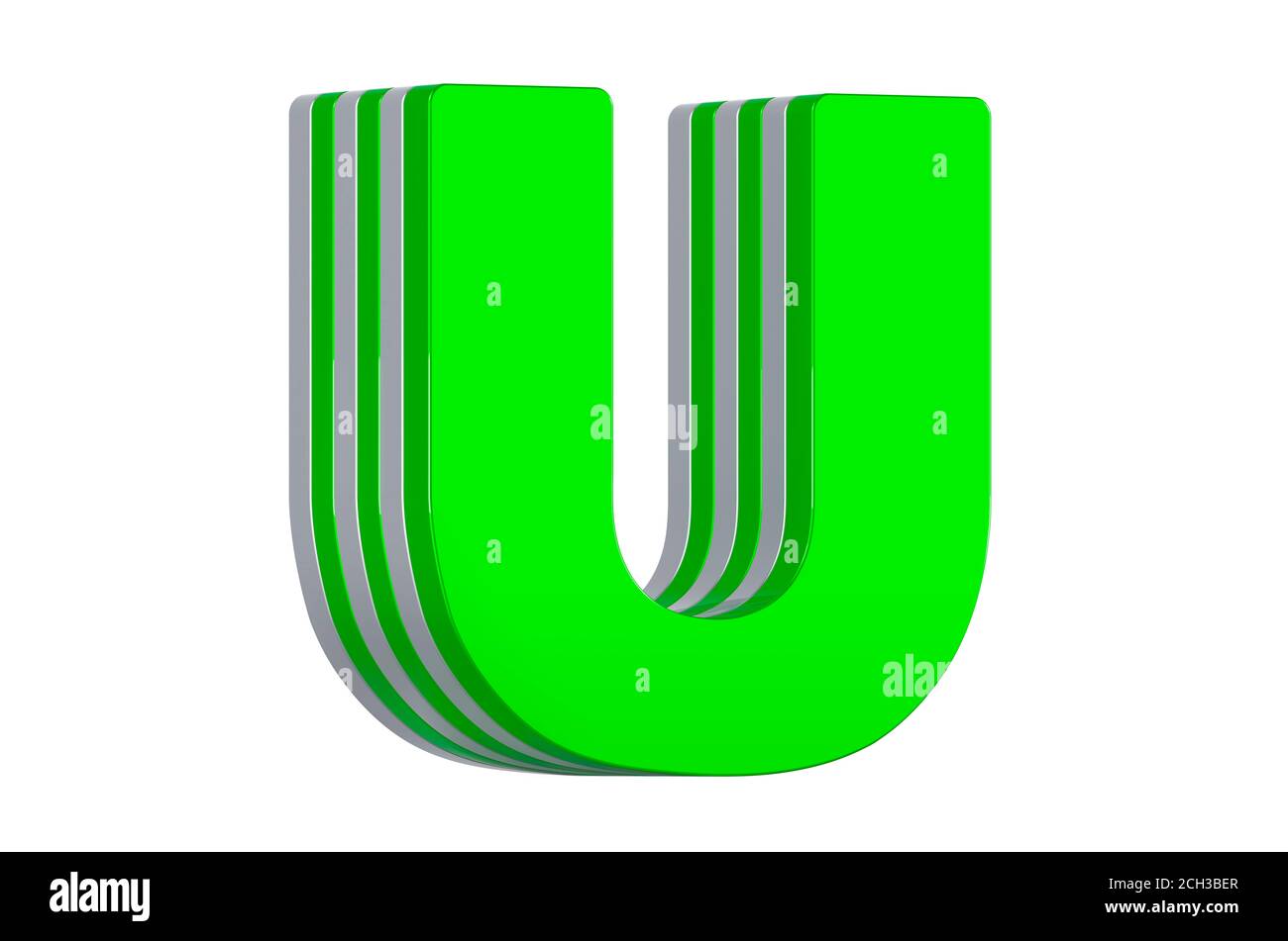 Green Letter U, layered font. 3D rendering isolated on white background ...