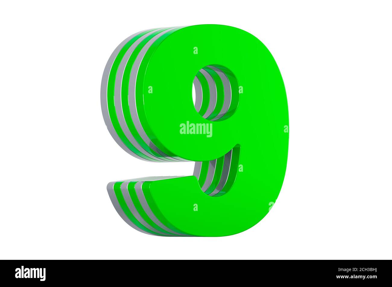 Green Number 9, layered font. 3D rendering isolated on white background ...