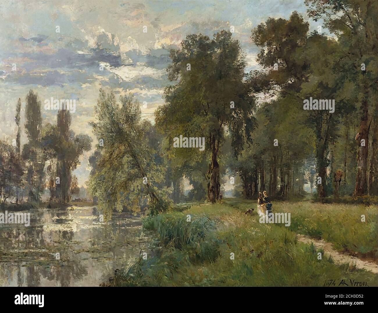 Veron Alexandre René - Walking by the River - French School - 19th and ...