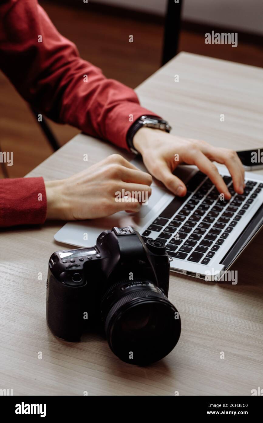 man using new gadgets at work. close up side view cropped photo ...