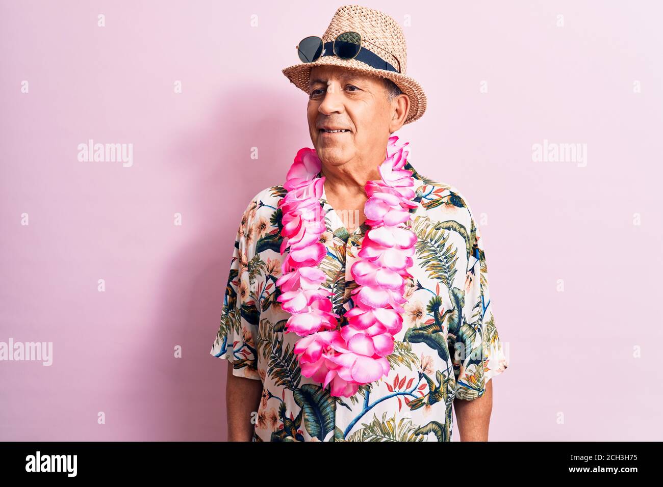 Senior handsome grey-haired man on vacation, wearing summer look with ...