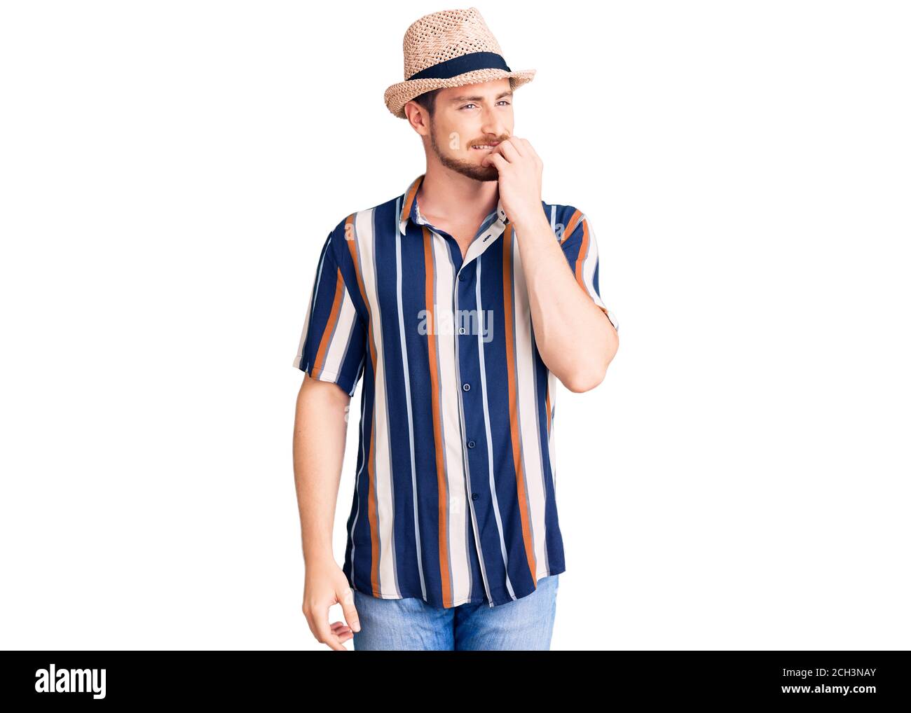 Young handsome caucasian man wearing summer hat looking stressed and ...