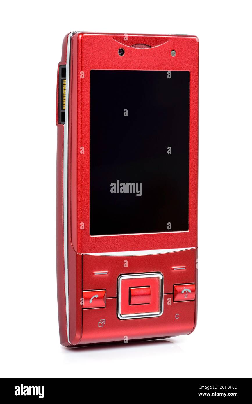 Red vintage slider phone isolated on white background with clipping ...