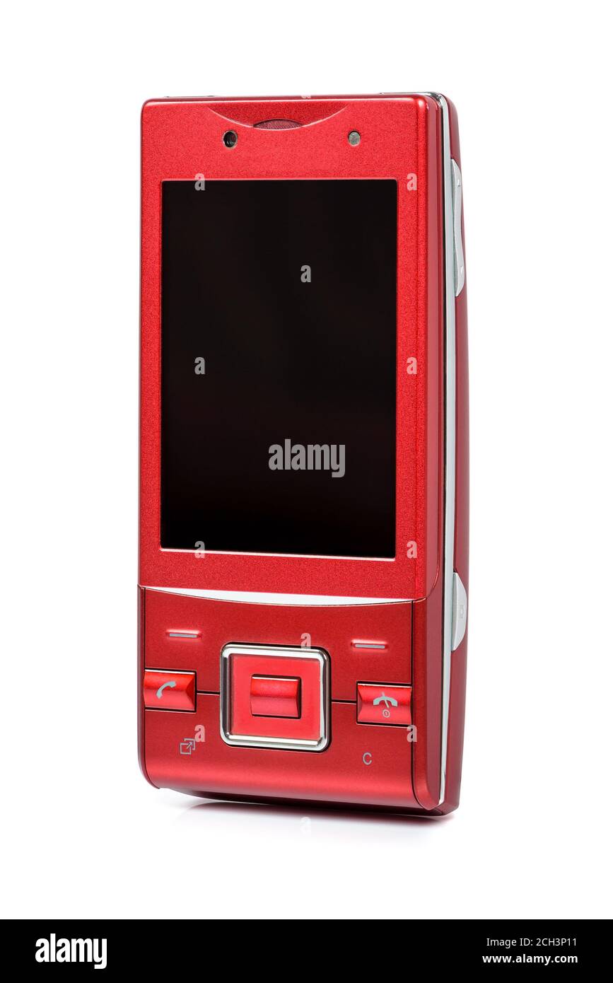 Red vintage slider phone isolated on white background with clipping ...
