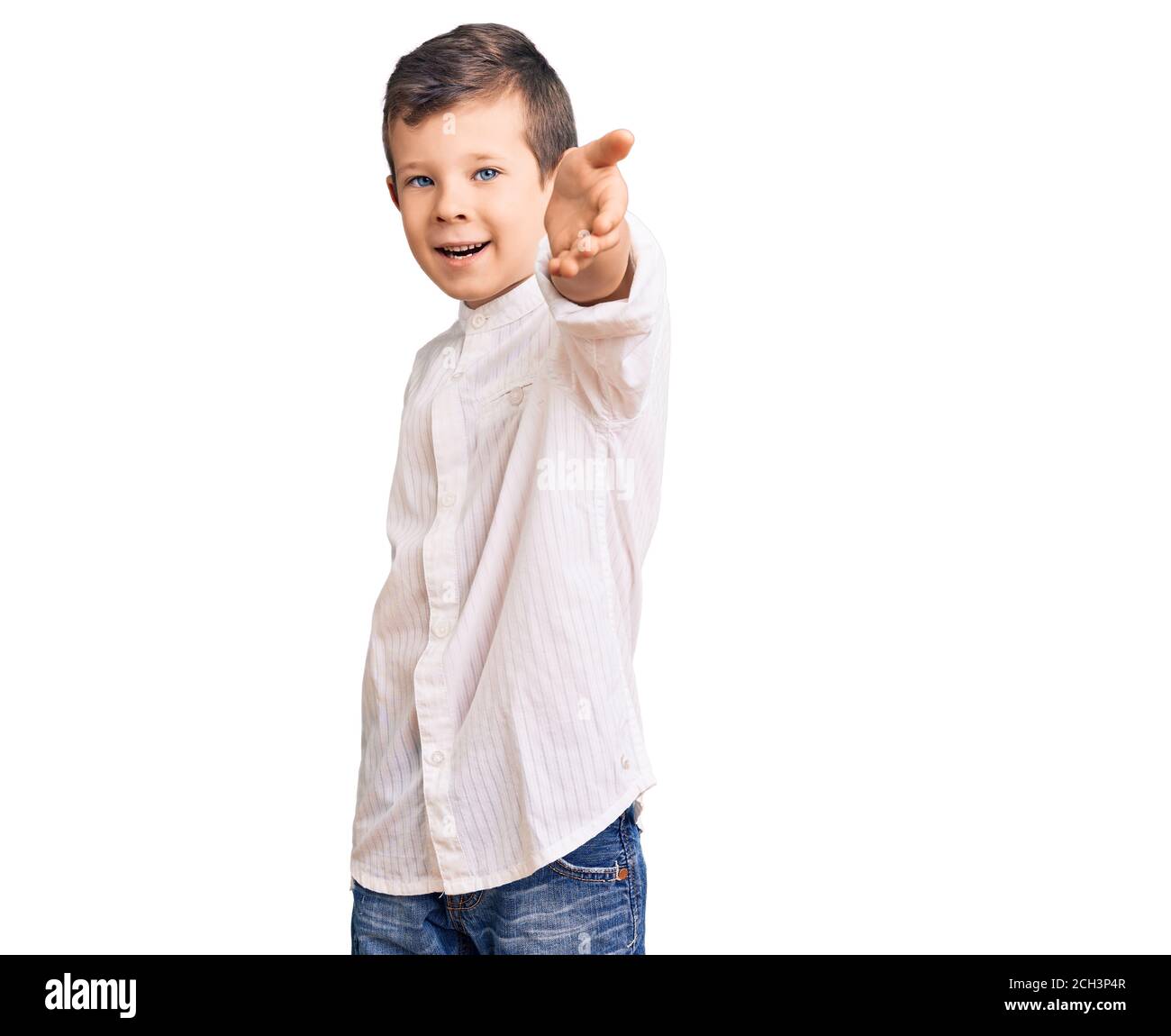 Cute blond kid wearing elegant shirt smiling cheerful offering palm ...