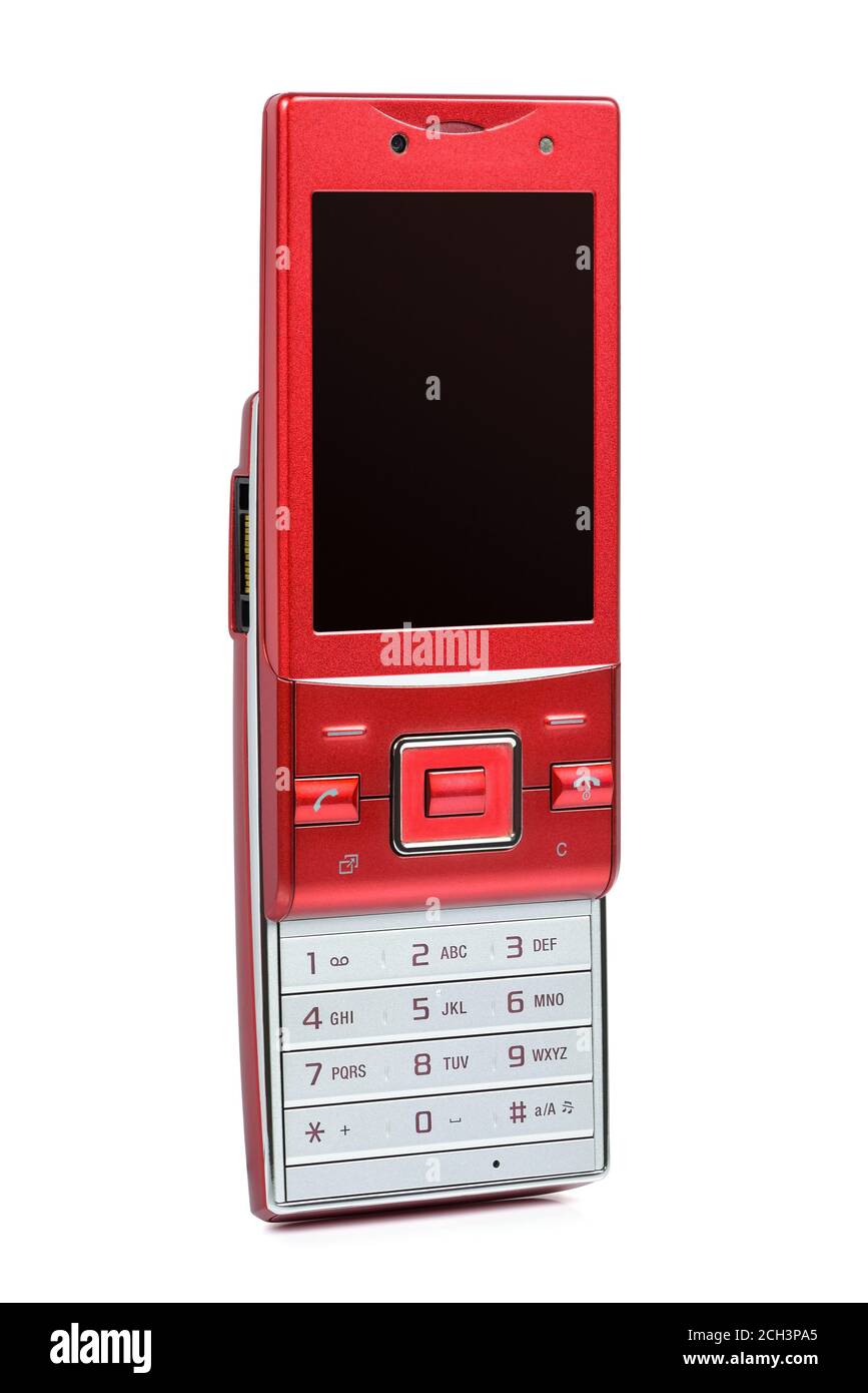 Red vintage slider phone isolated on white background with clipping ...