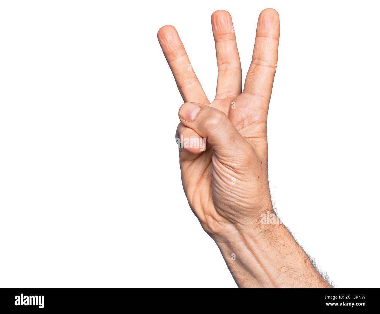Hand of caucasian middle age man over isolated white background counting number 3 showing three ...
