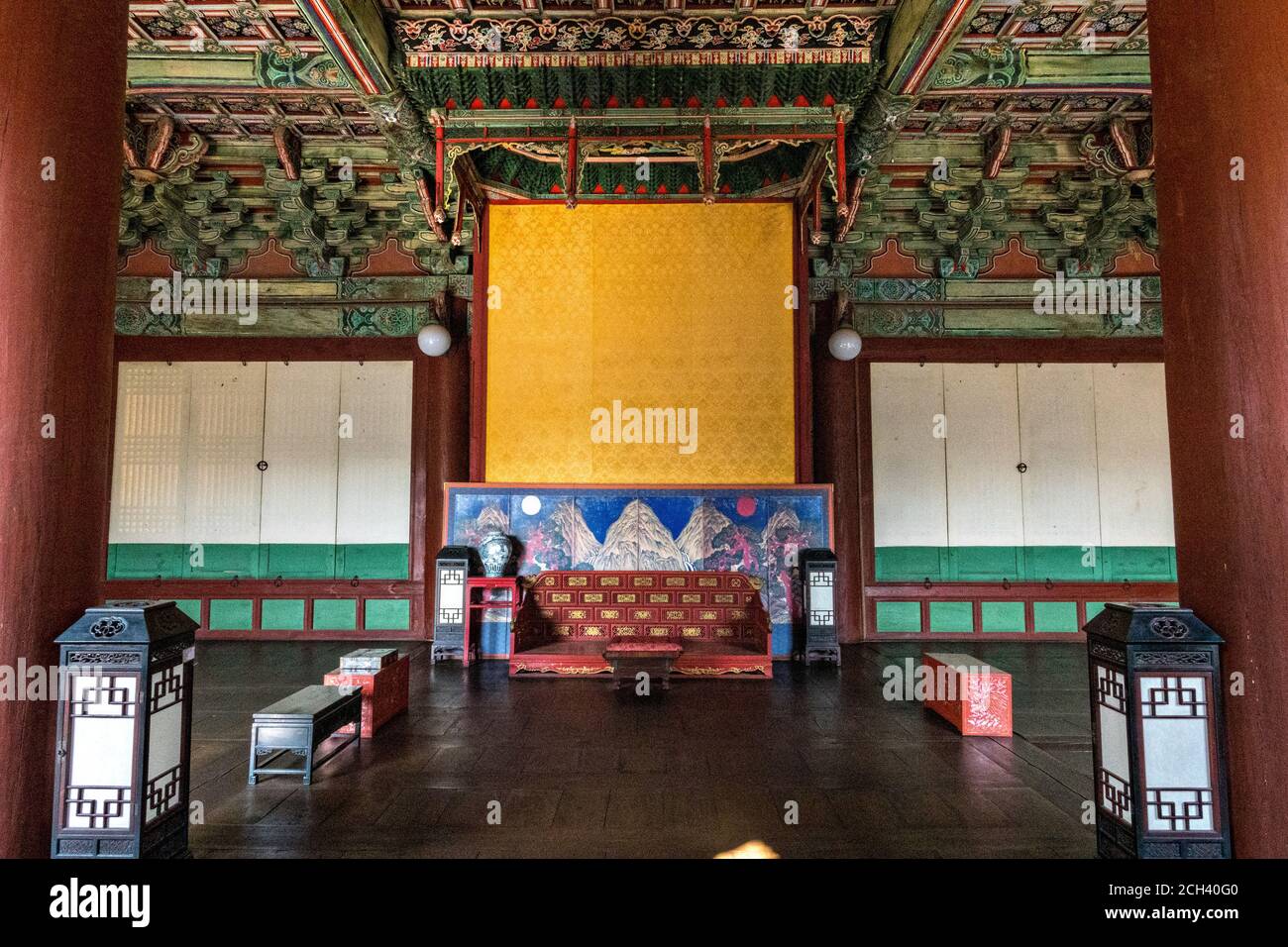 Interior view of the Geunjeong-jeon or Throne Hall, at the ...