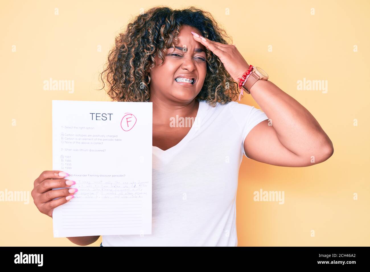 Young african american plus size woman showing a failed exam stressed ...