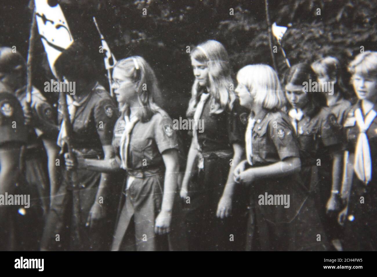 Fine 70s vintage black and white photography of girl scouts marching to ...