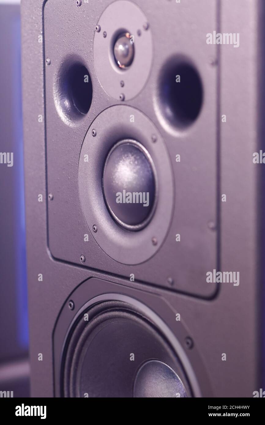 Front panel of the sound speaker system. Selective focus Stock Photo ...