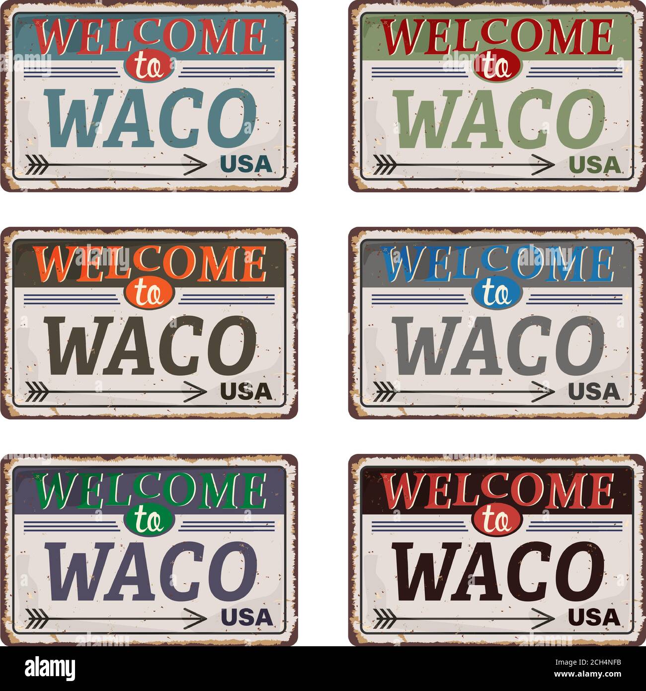 Waco, Texas, tin rusted vintage road sign signboard set vector ...