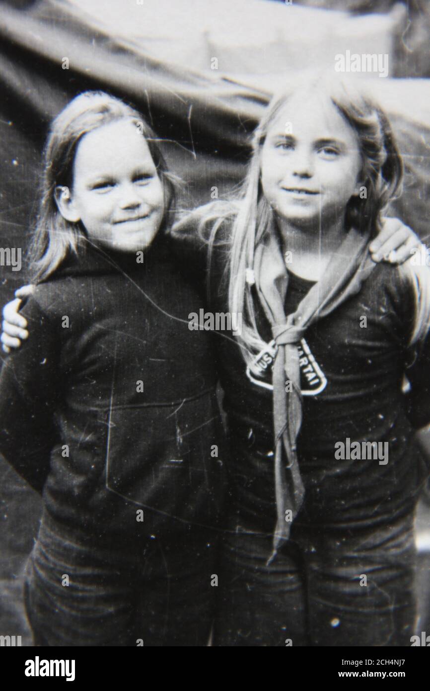 Fine 70s vintage black and white photography of two Girl Scouts camping ...