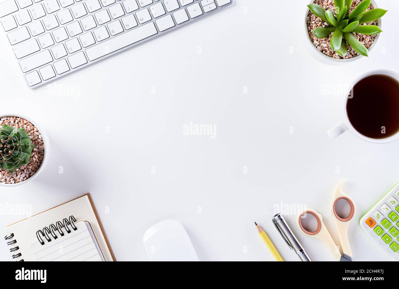 Flat lay, top view office table desk. Workspace with keyboard, office ...