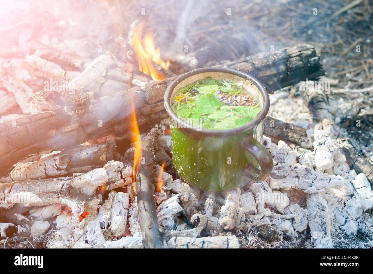 Cup of tea in the bonfire flames. Cooking food at fire in wild Stock ...